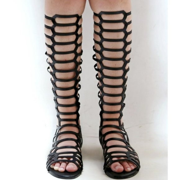 Shoes | New Black Cut Out Knee High Gladiator Flat Sandals | Poshmark